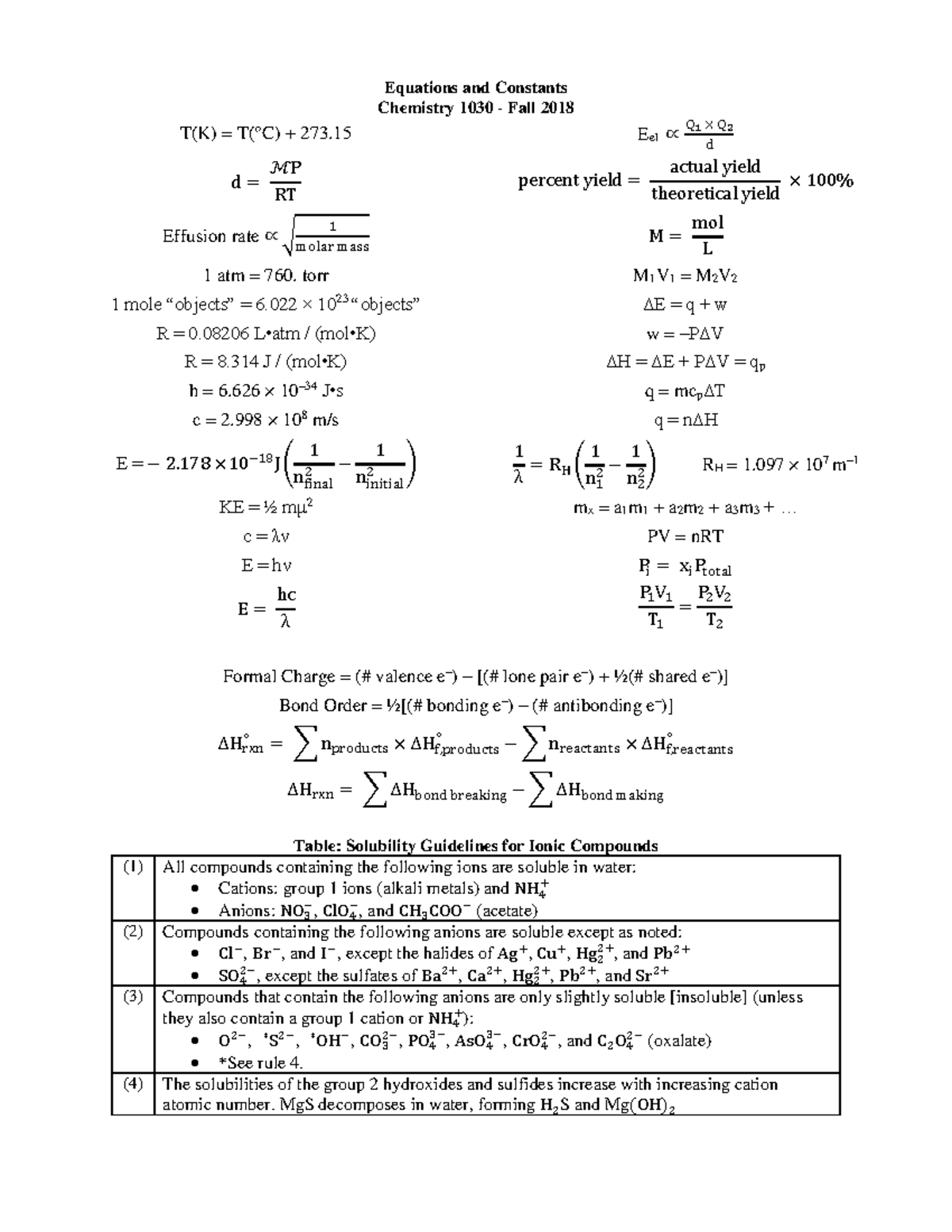 Equations and Constants Fall 2018 CHEM1030 - Equations and Constants ...