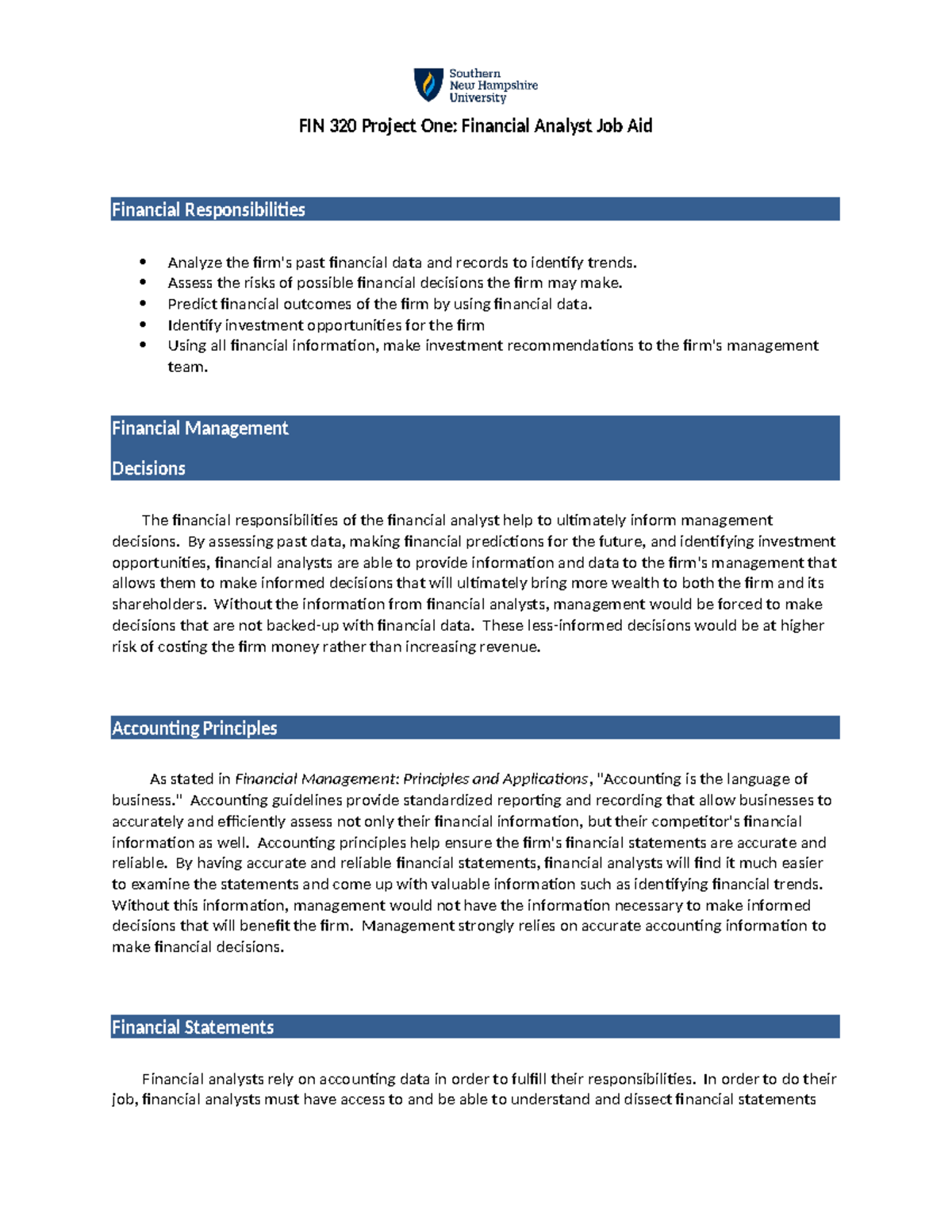 MOD 3 Project One Financial Analyst Job Aid - FIN 320 Project One ...