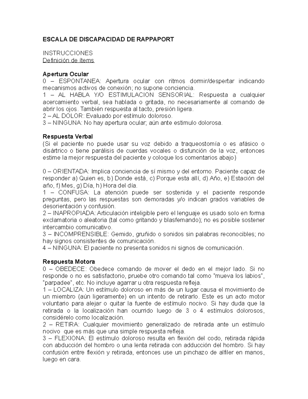 Escala DE Discapacidad DE Rappaport Instructivo - ESCALA DE ...