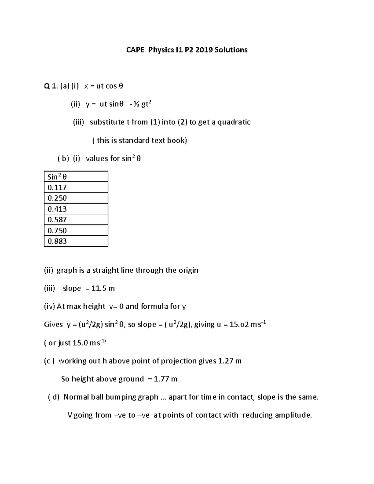 CAPE Physics 2019 U1 P2 Ans-7129F - CAPE Physics I1 P2 2019 Solutions Q ...
