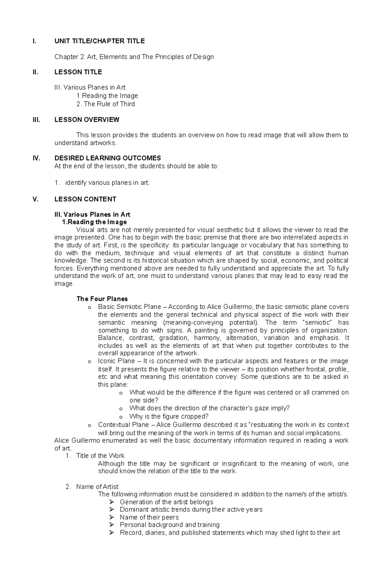 Arts m6 - for your reference - I. UNIT TITLE/CHAPTER TITLE Chapter 2: Art, Elements and The ...