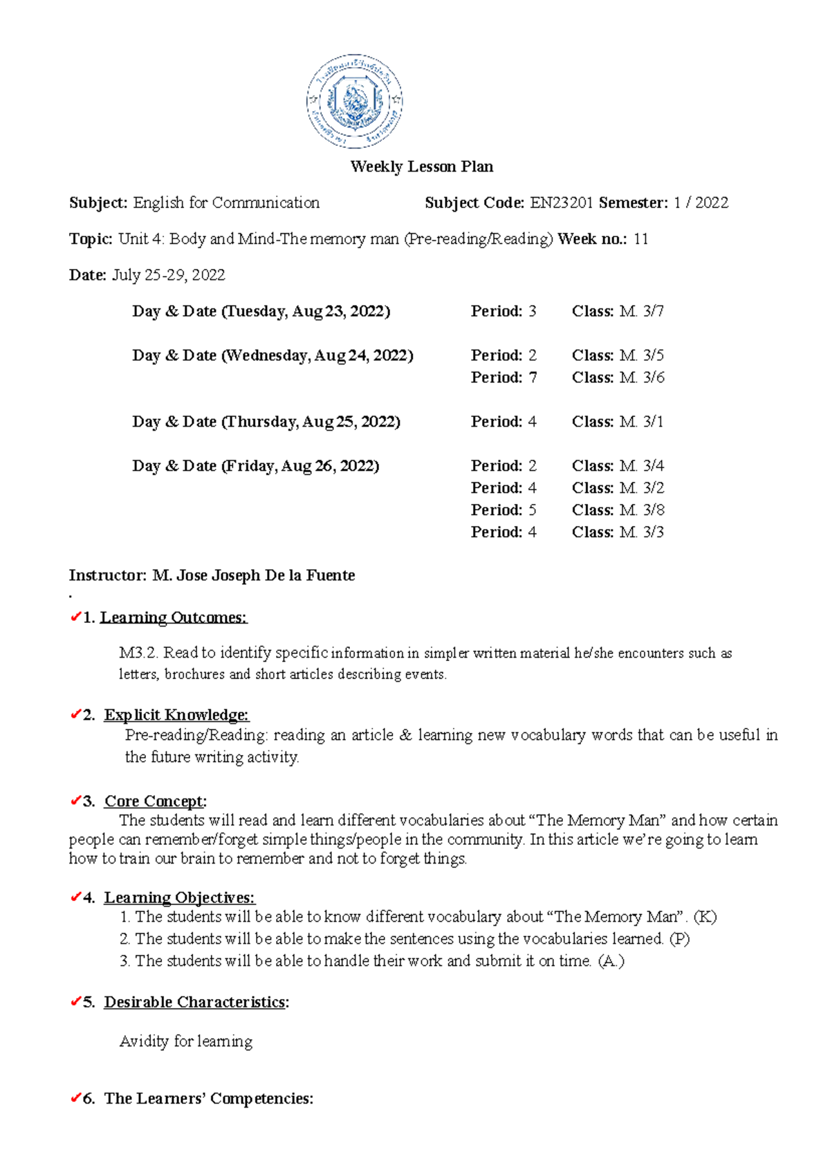 Final DAY 2 WK 11 (M3) - Lesson Plan for ESL - Weekly Lesson Plan ...