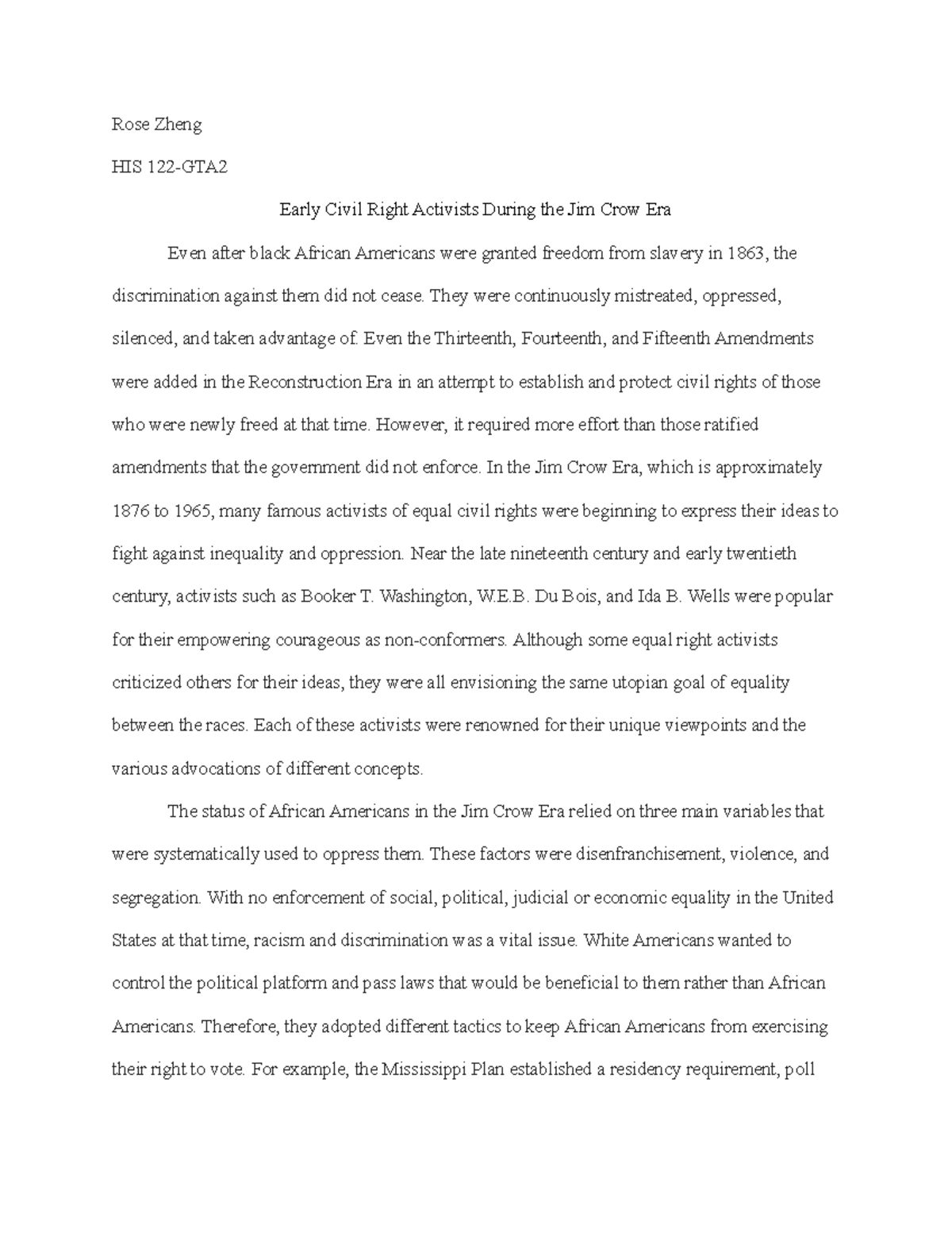 Jim Crow - Essay about Jim Crow laws and the era - Rose Zheng HIS 122 ...