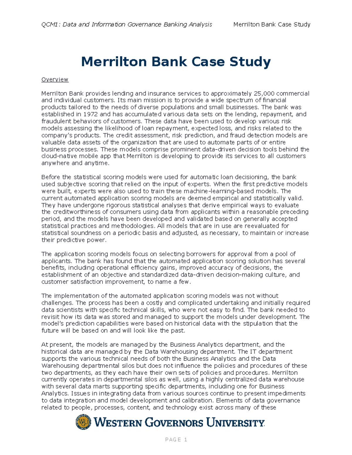 Merrilton Bank Case Study - QCM1: Data and Information Governance ...