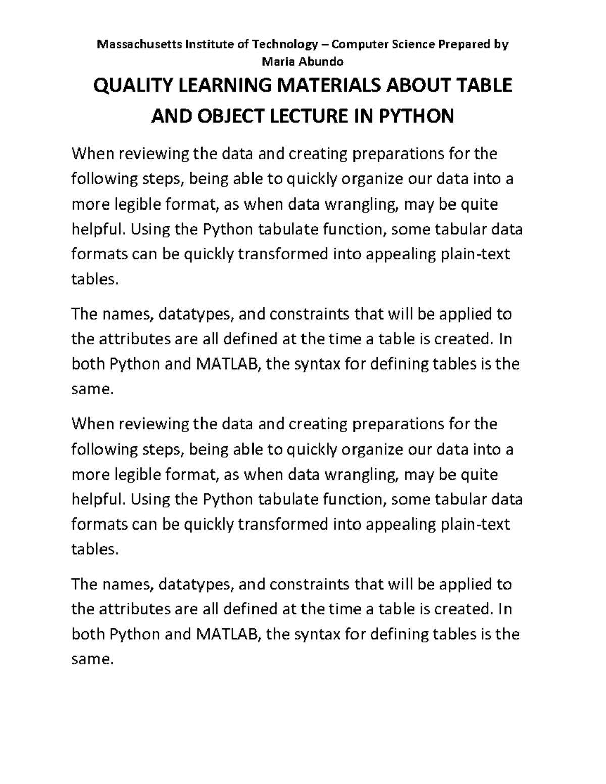 Quality Learning Materials About Table and Object Lecture in Python ...