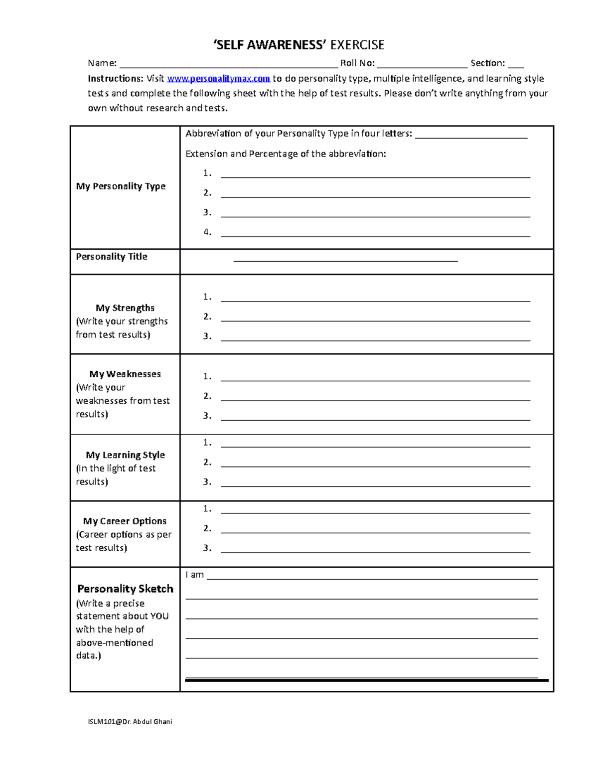 Self-awareness Exercise - ‘SELF AWARENESS’ EXERCISE Name