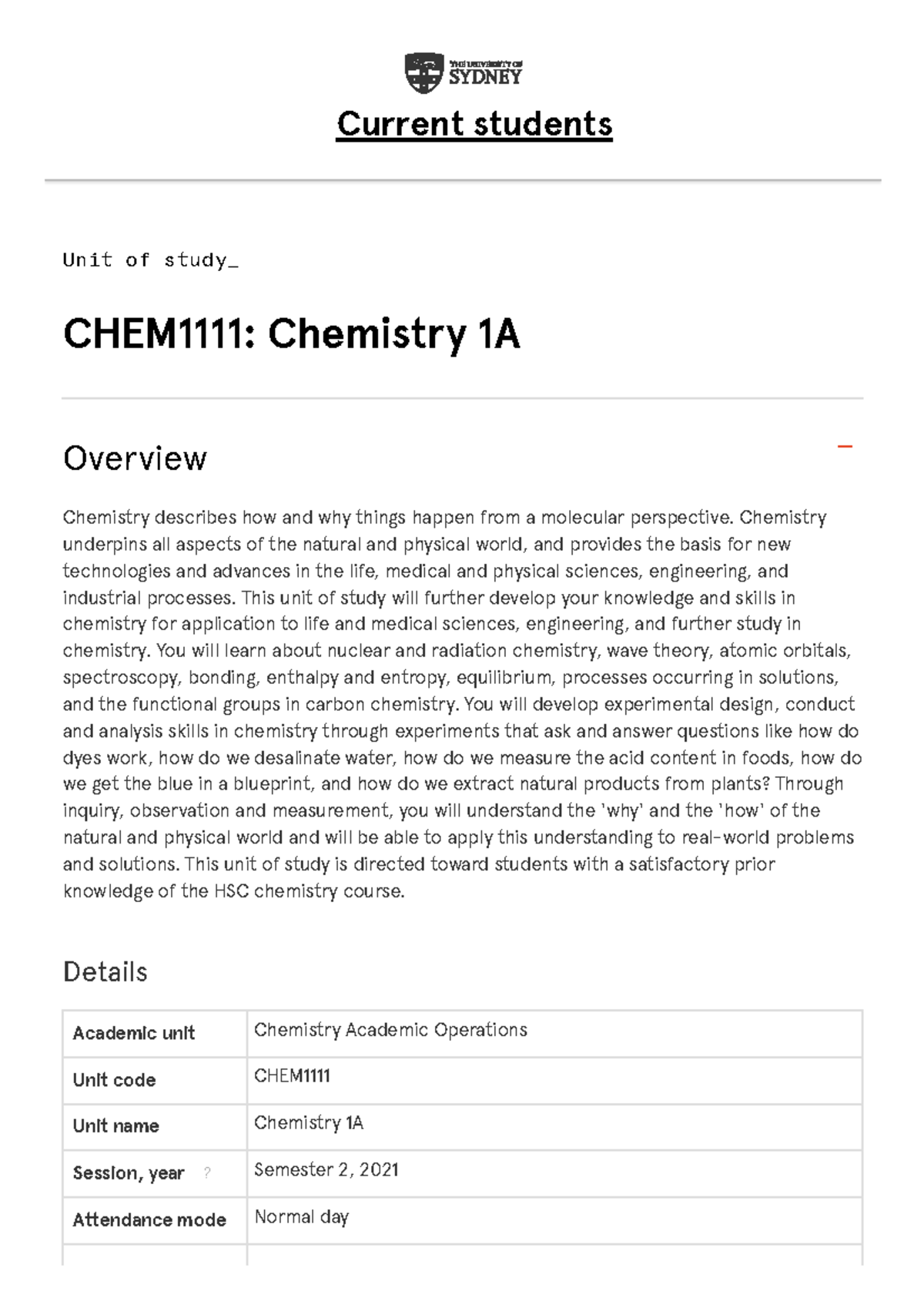 CHEM1011 Semester 2, 2021 Outline UOS - Unit of study_ CHEM1111 ...