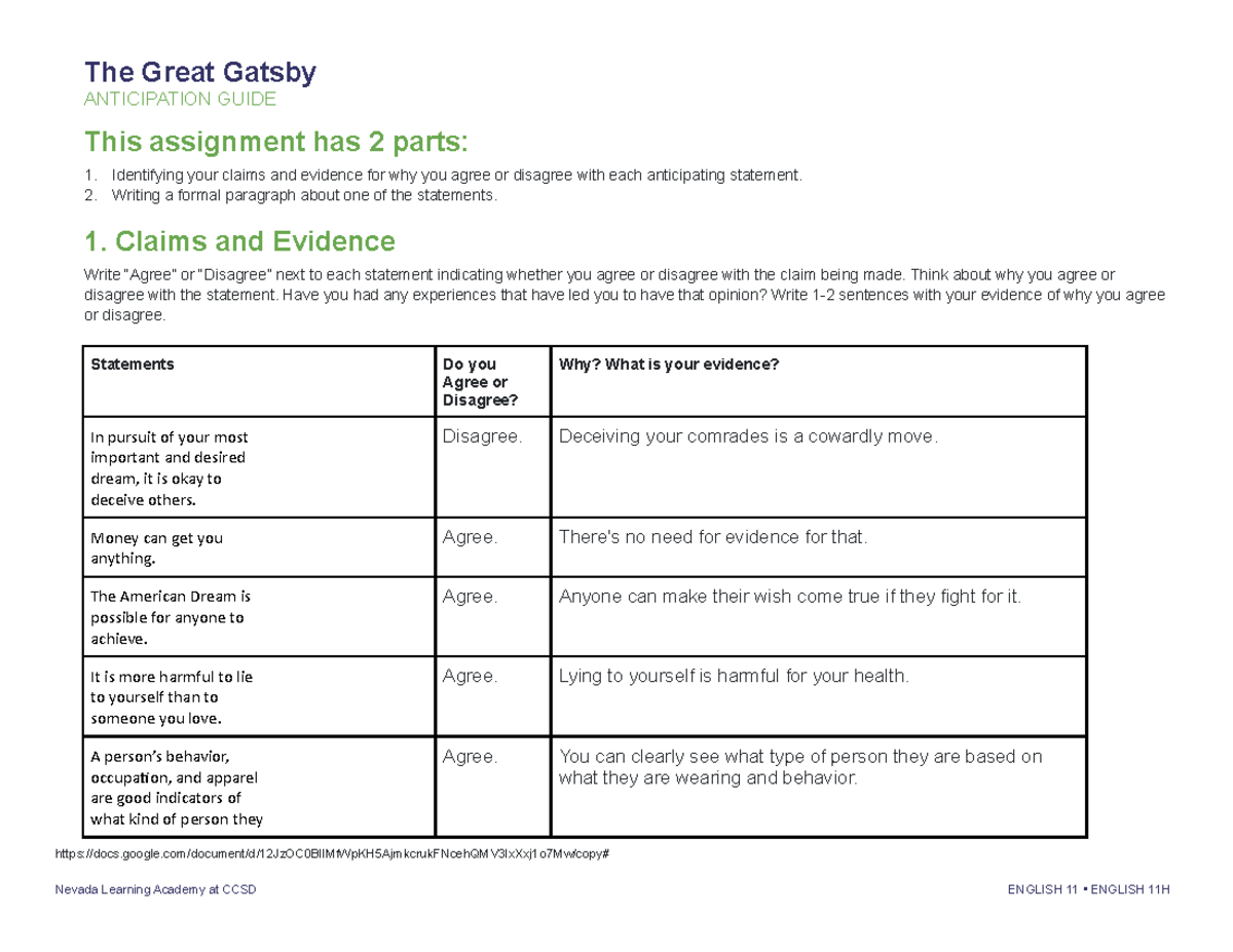 My Copy of U1 L1 - Anticipation Guide - The Great Gatsby ANTICIPATION ...