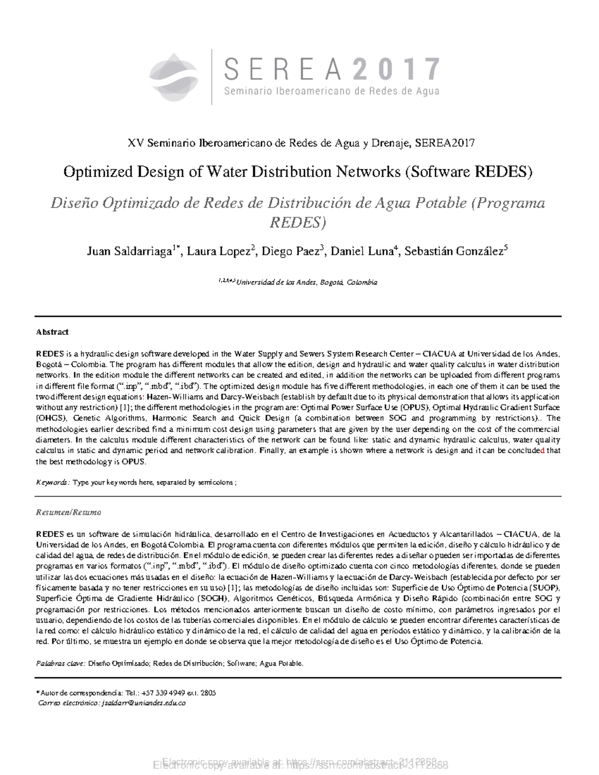 SSRN-id3112868 - Hidr - XV Seminario Iberoamericano de Redes de Agua y Drenaje, SEREA Optimized ...