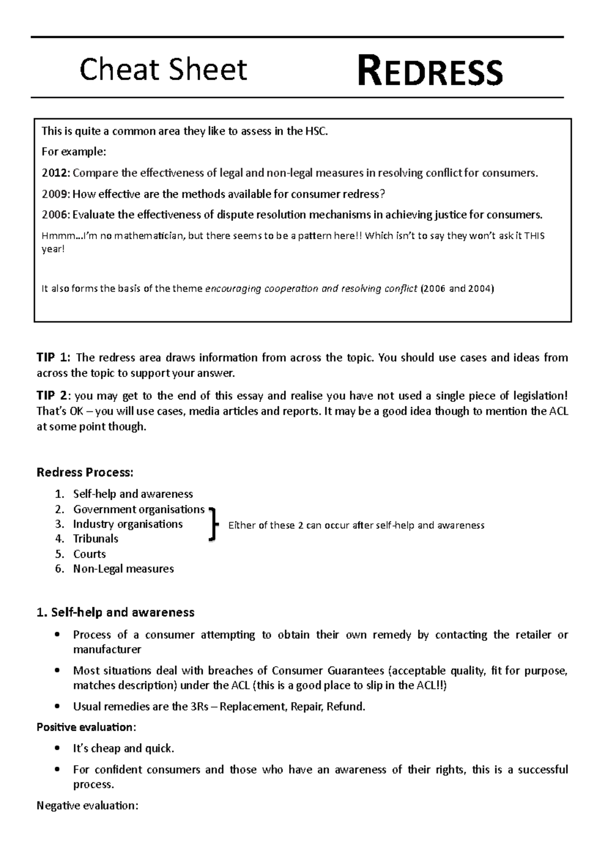 Cheat Sheet Redress - notes - Cheat Sheet REDRESS TIP 1: The redress ...