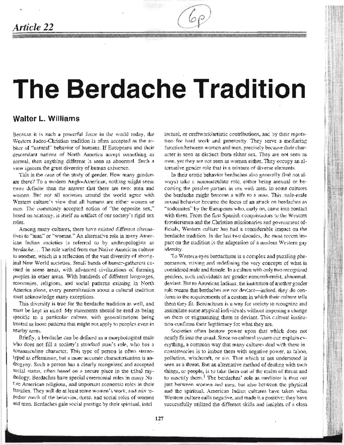 THE Berdache Tradition sbs300 02 - Article 22 The Berdache Tradition ...