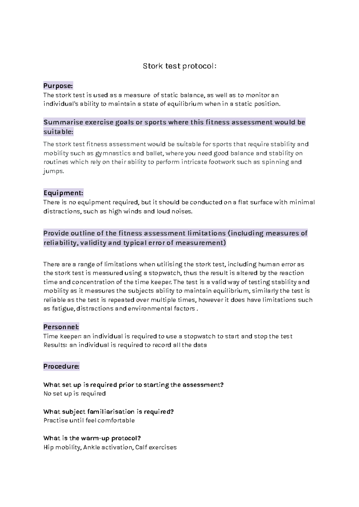 Strength and conditioning protocol - Stork test protocol: Purpose: The ...