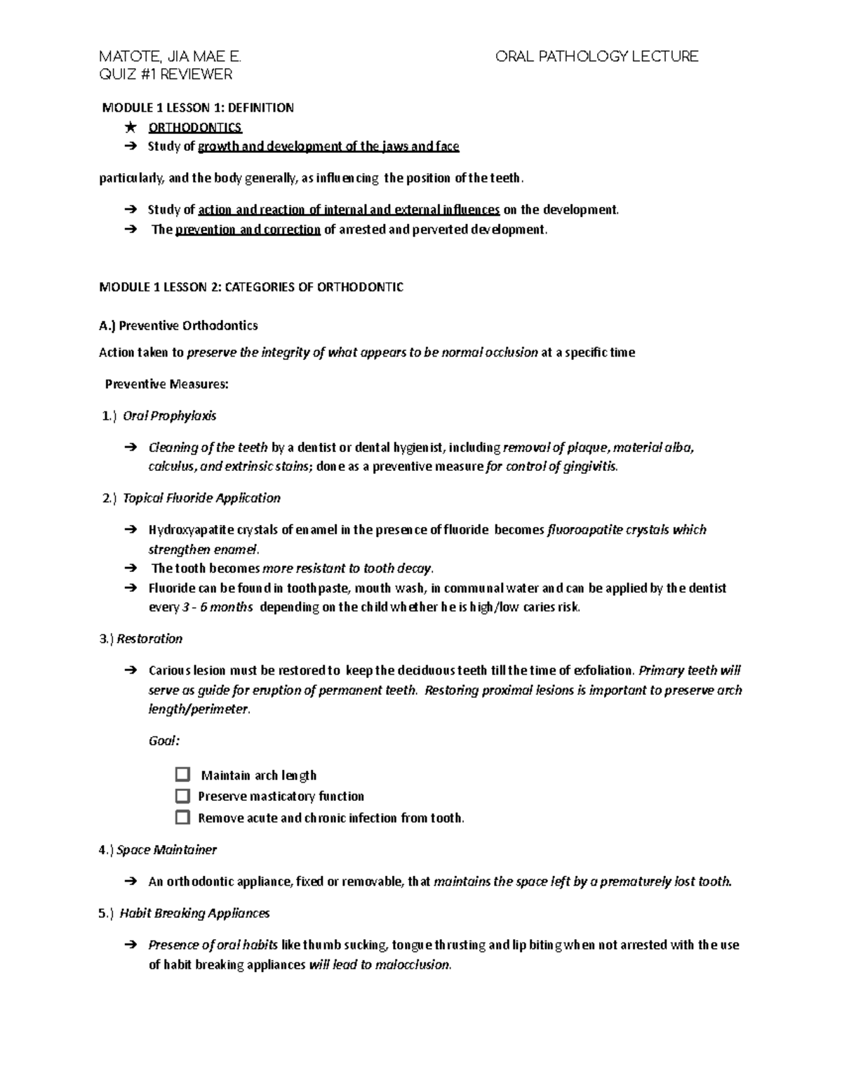 Ortho LEC Reviewer - QUIZ #1 REVIEWER MODULE 1 LESSON 1: DEFINITION ...