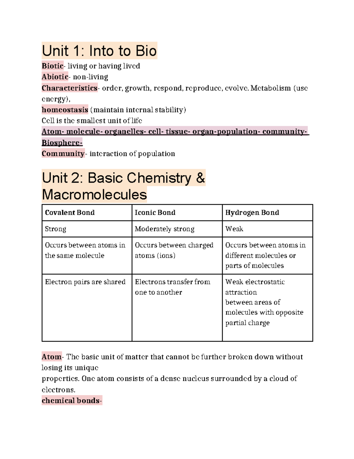 C190 Bio Notes - Unit 1: Into to Bio Biotic- living or having lived ...
