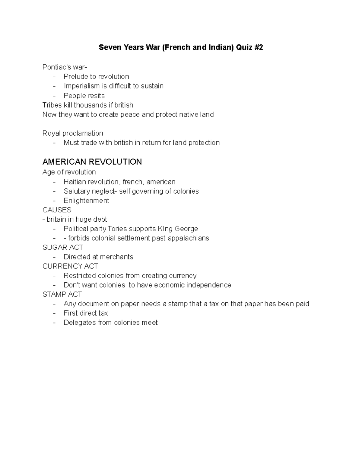 Seven Years War (French and Indian) Quiz #2 American Revolution HIST ...