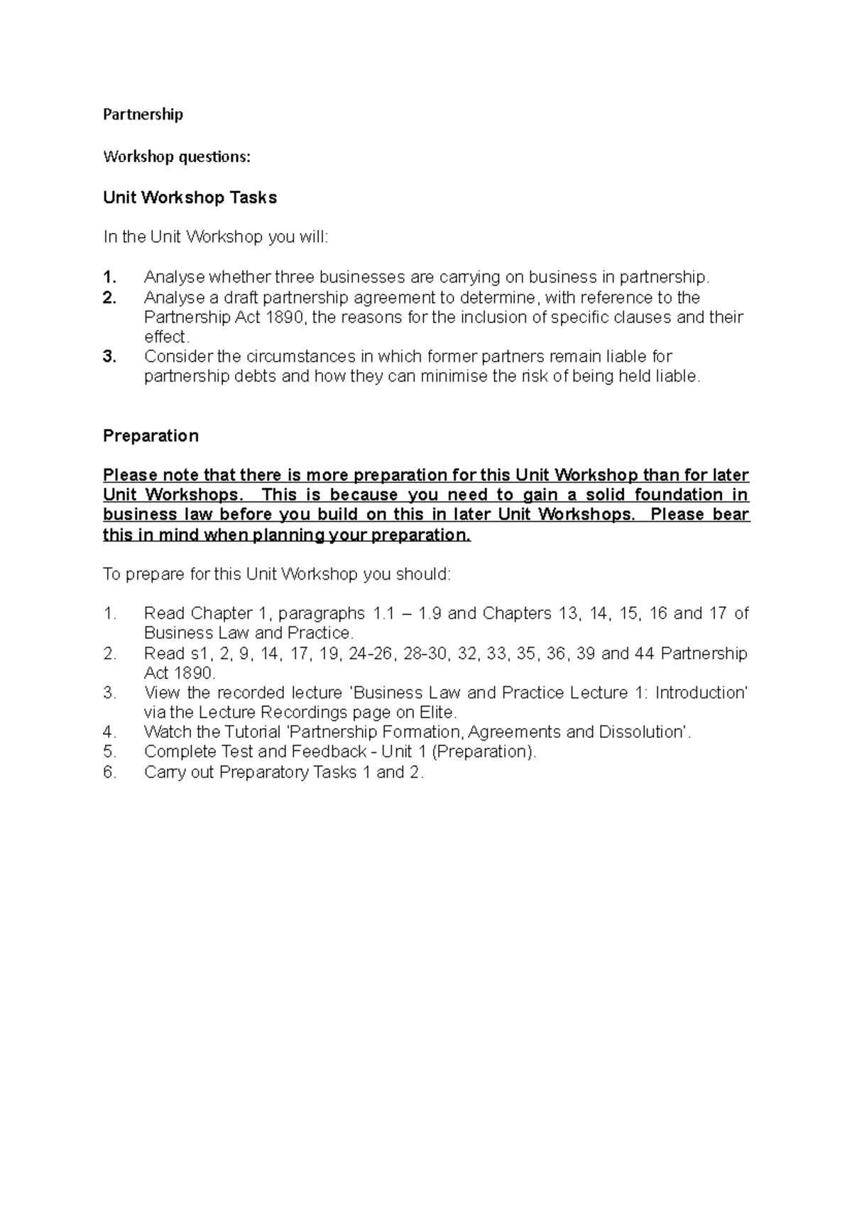 Partnership Workshop PREP - Partnership Workshop questions: Unit ...