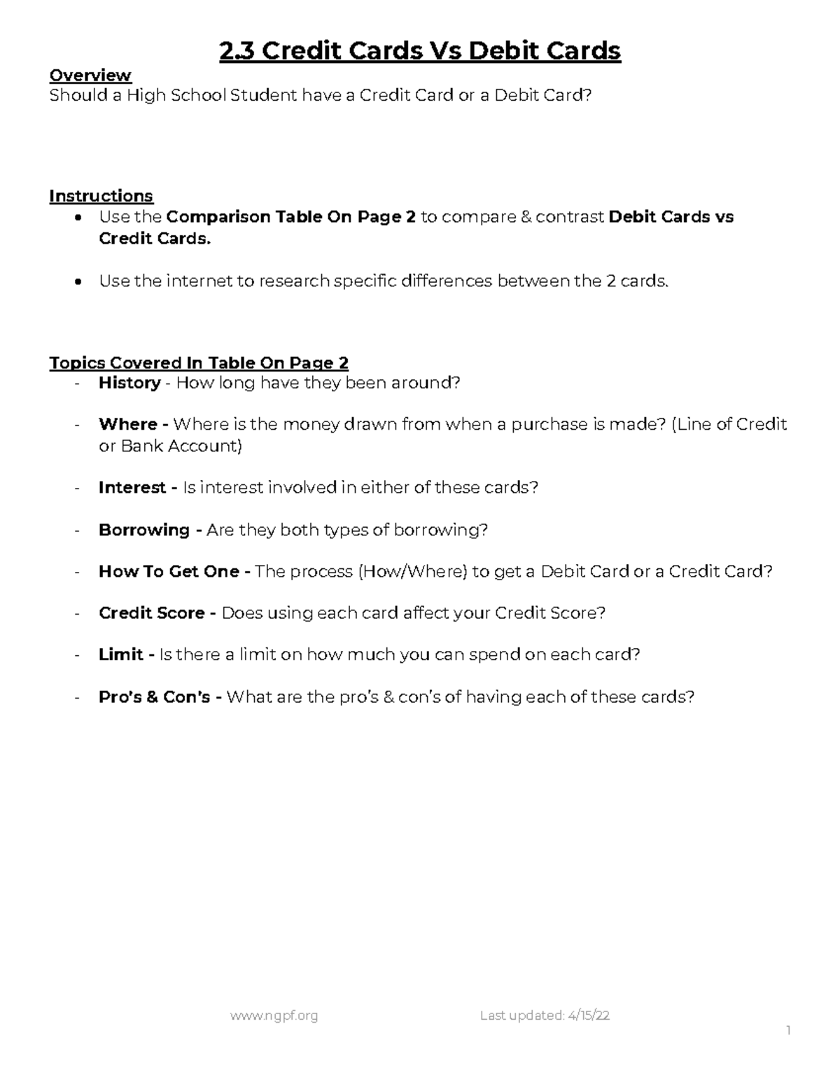 2.3 Credit Cards v Debit Cards fin - ngpf Last updated: 4/15/ 2 Credit ...