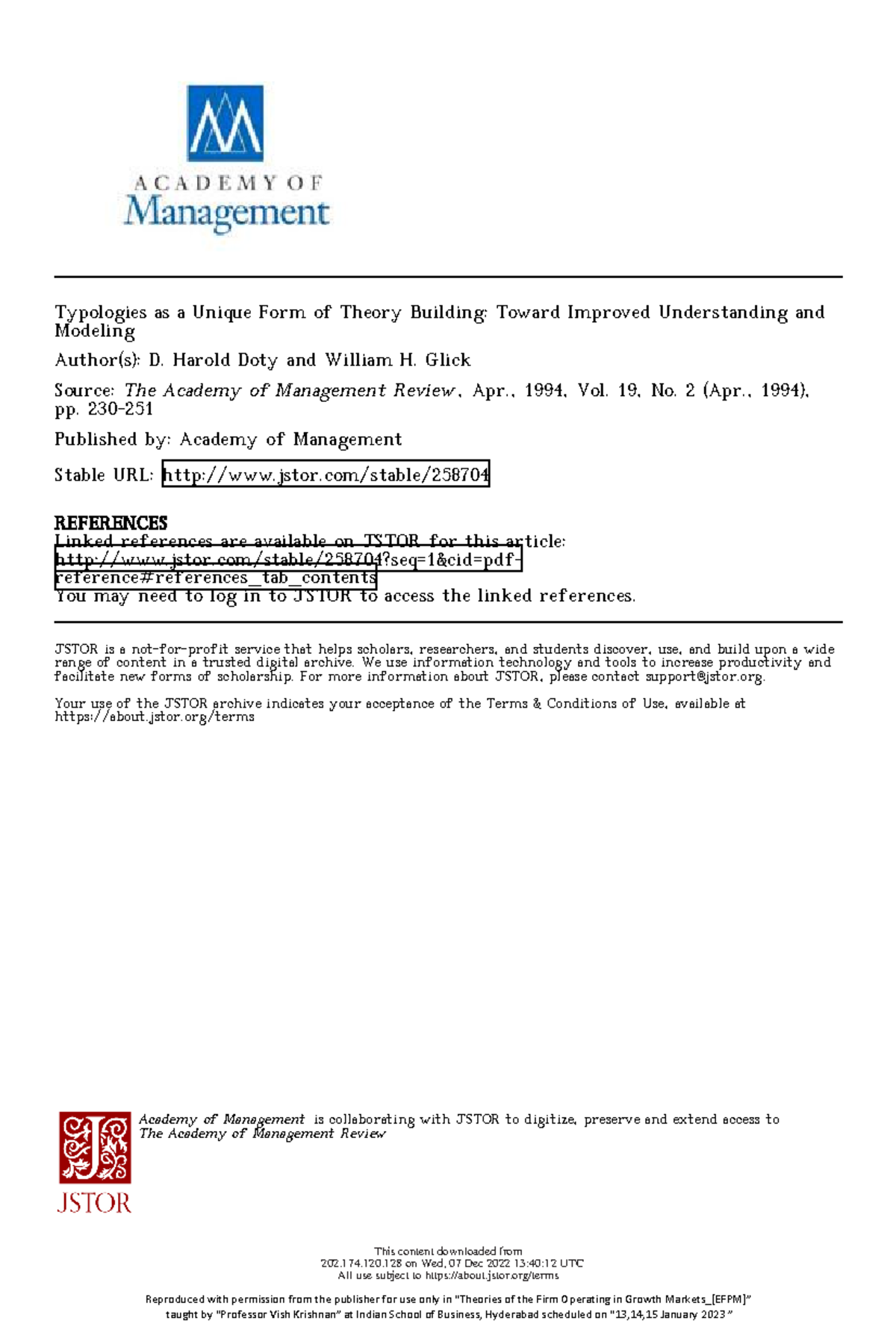 Typologies as a Unique Form of Theory Building - Harold Doty and ...