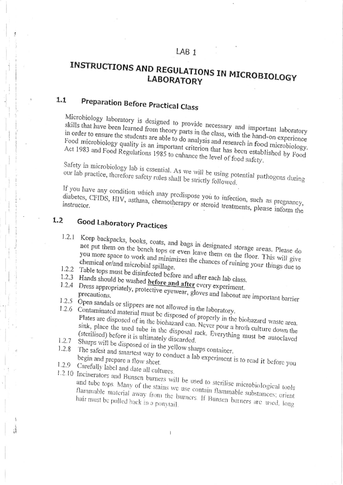 Lab 1 - microb - LAB 1 INSTRUCTIONS AND REGULATIONS IN MICROBIOLOGY ...