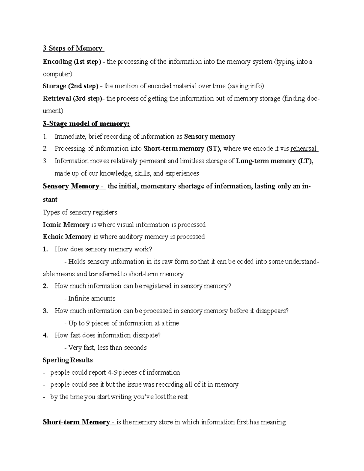 Chap 7- Memory - notes - 3 Steps of Memory Encoding (1st step) - the ...