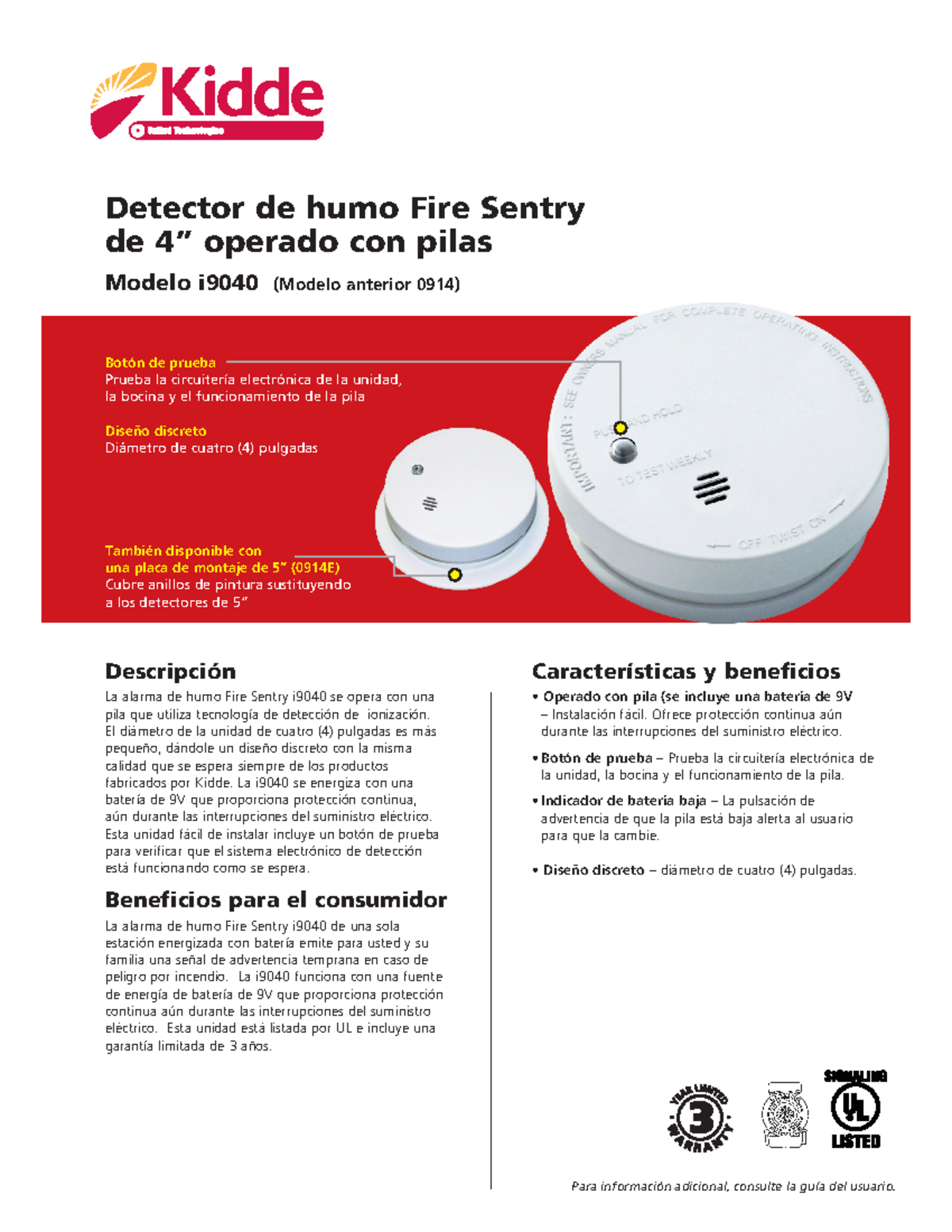 I9040 Sheet Español - FICHA TECNICA - Detector de humo Fire Sentry de 4” operado con pilas ...