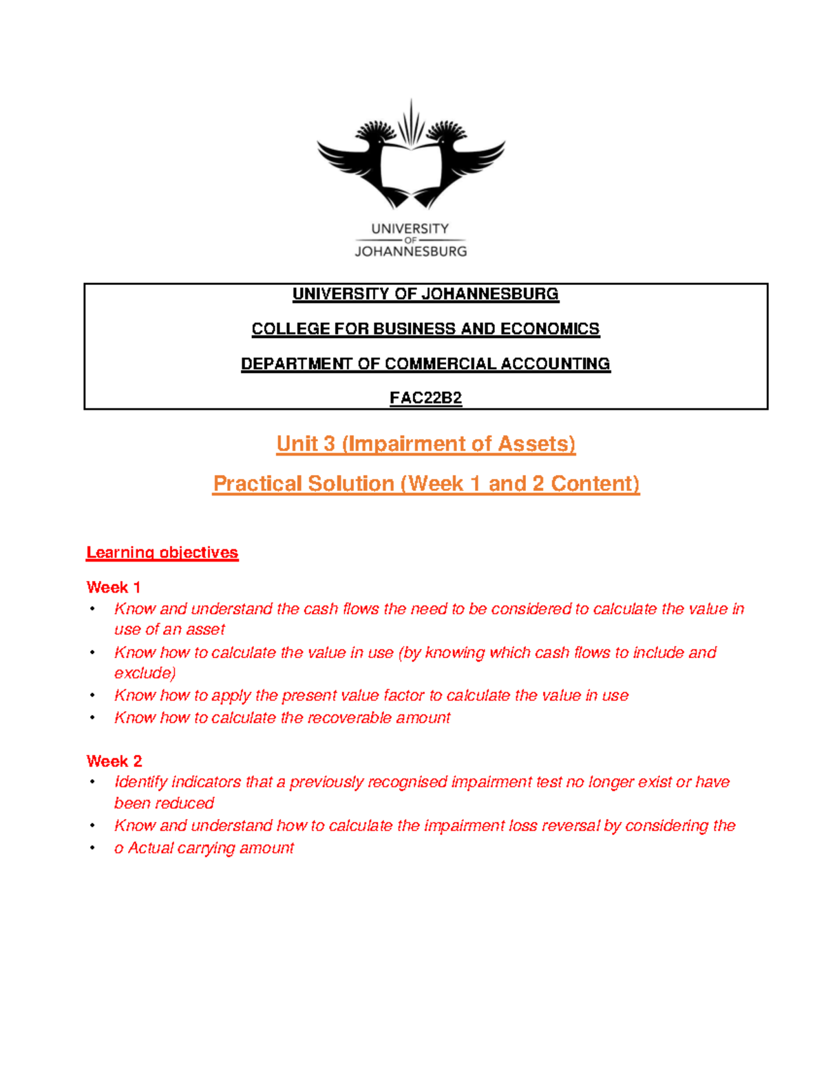 Unit 3 - Practical Solution Week 1 and 2 Final - UNIVERSITY OF JOHANNESBURG COLLEGE FOR BUSINESS ...