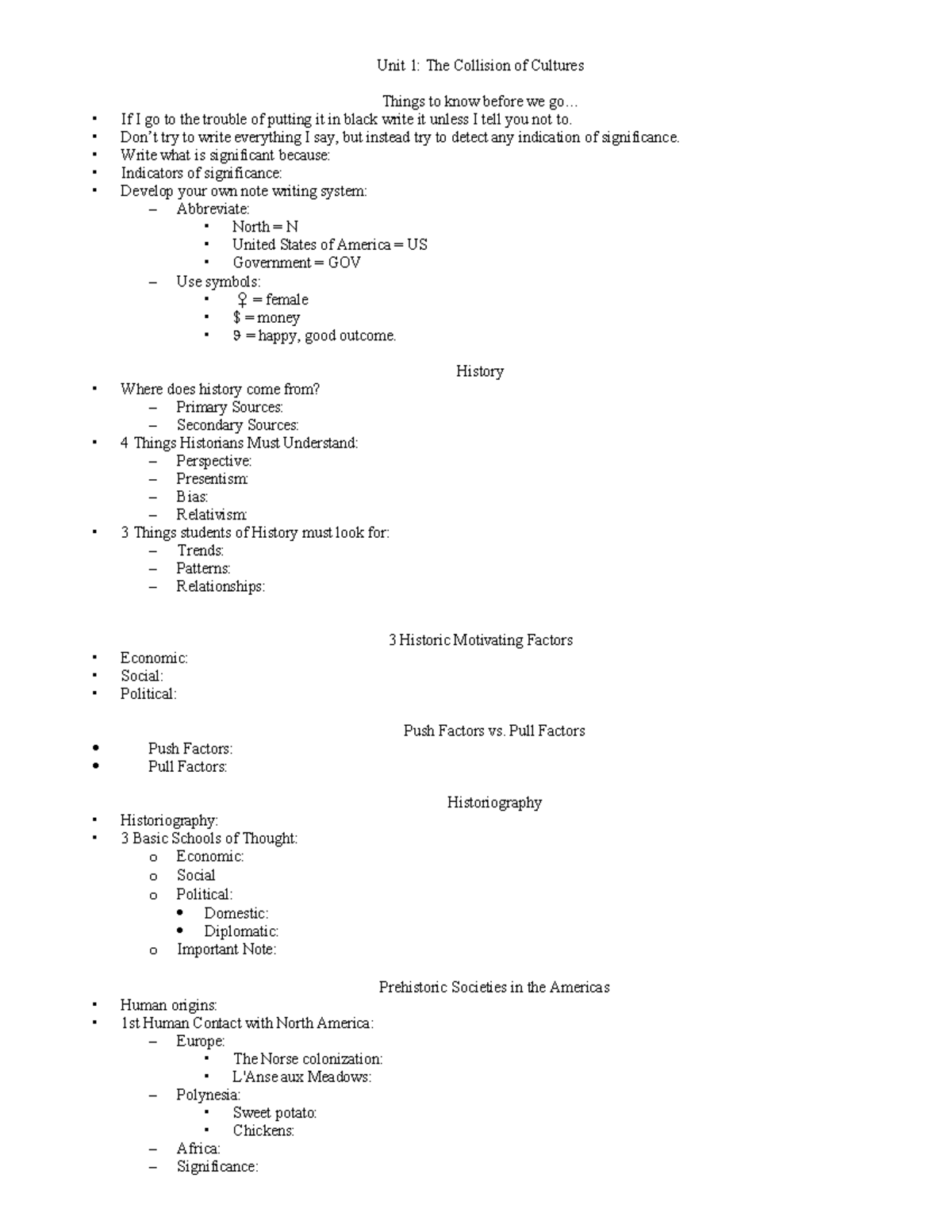 Unit 1 Outline Notes 1 - Unit 1: The Collision of Cultures Things to ...