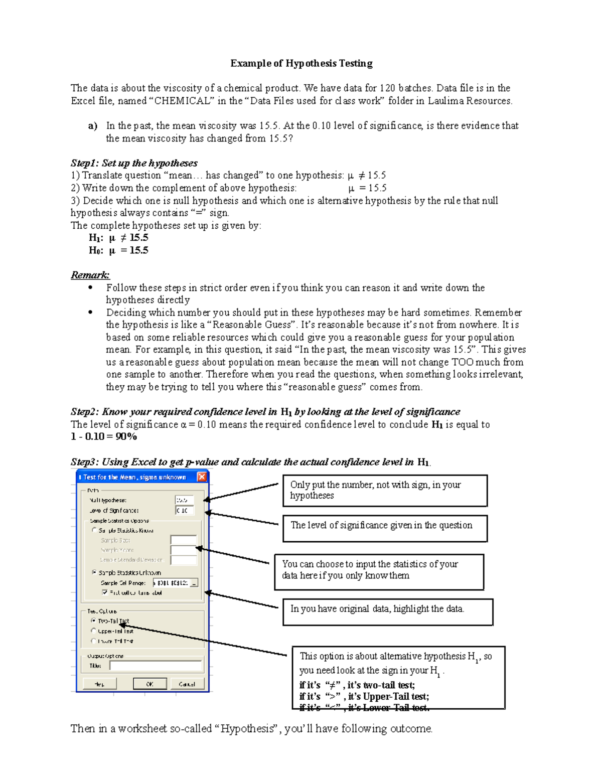 Chapter 9 HT example - Example of Hypothesis Testing The data is about ...