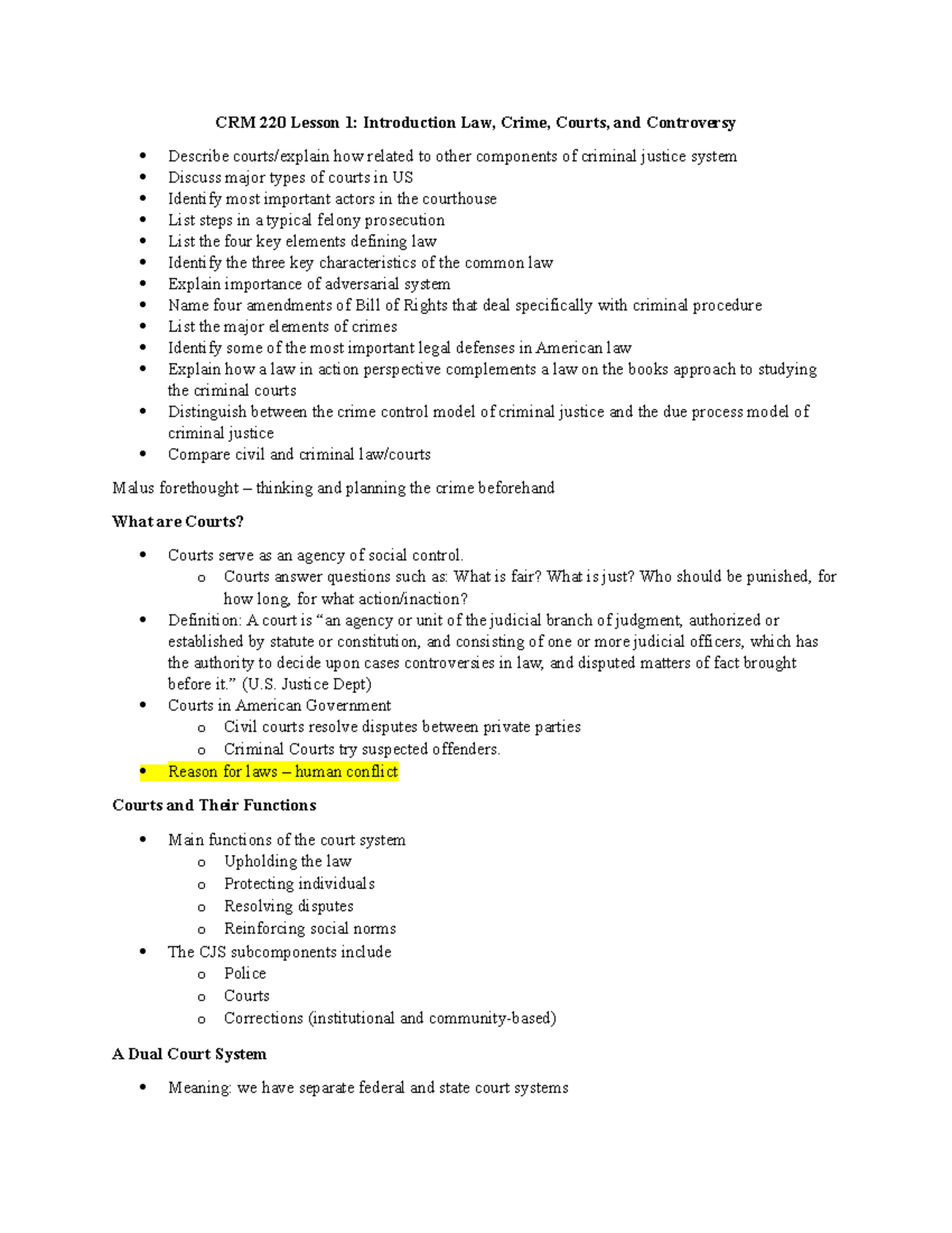 CRM 220 Lesson 1 Notes - CRM 220 Lesson 1: Introduction Law, Crime ...