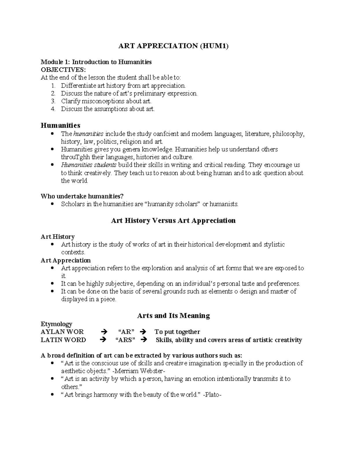 Module 1- Introduction to Humanities - ART APPRECIATION (HUM1) Module 1 ...