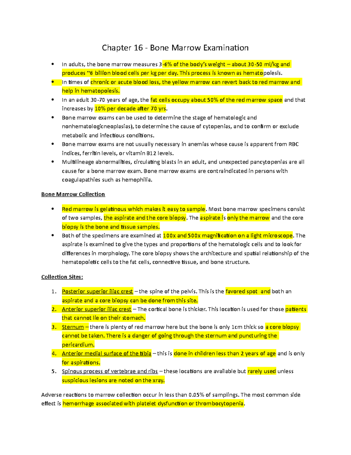 Hematology notes - Chapter 16 - Bone Marrow Examination In adults, the ...
