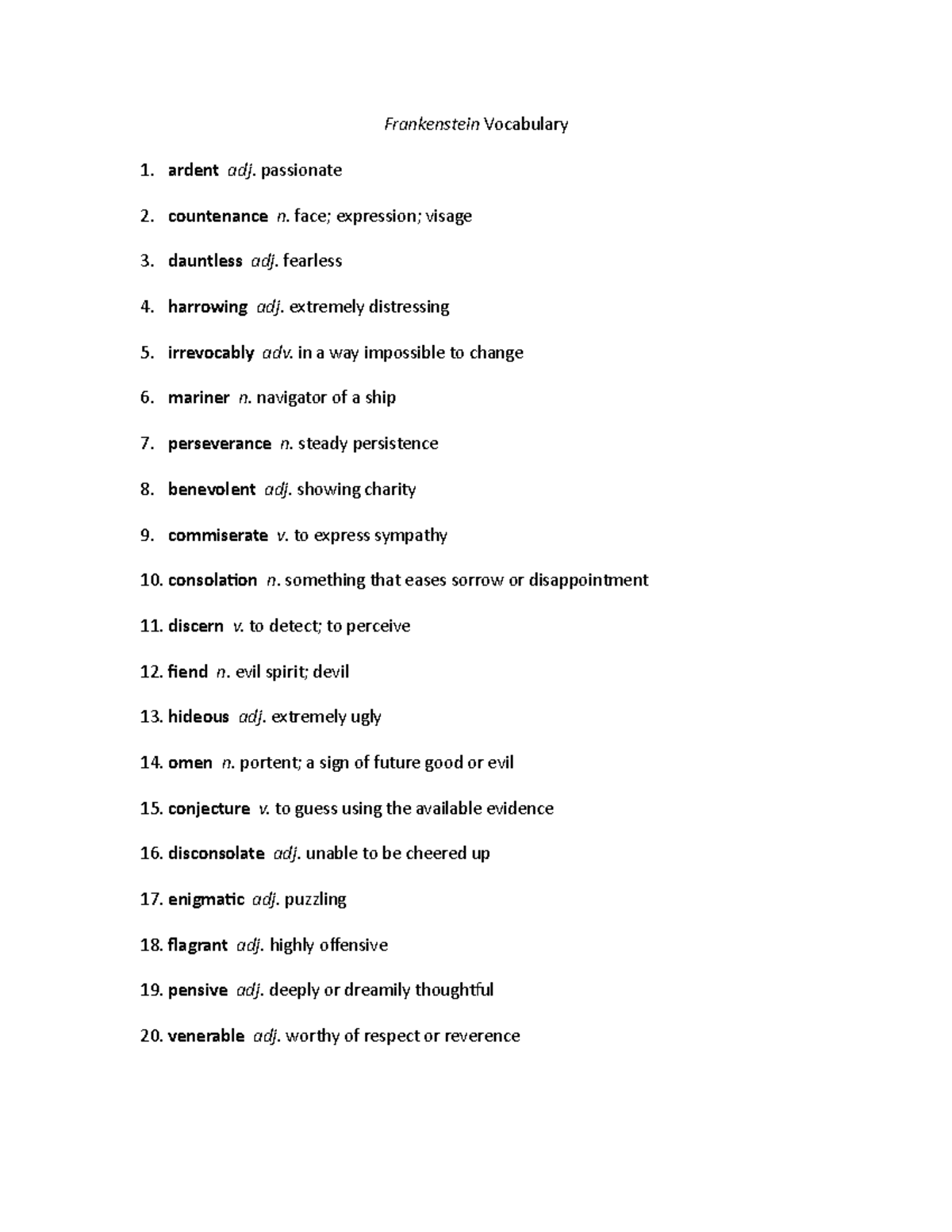 Frankenstein Vocabulary - Frankenstein Vocabulary ardent adj ...