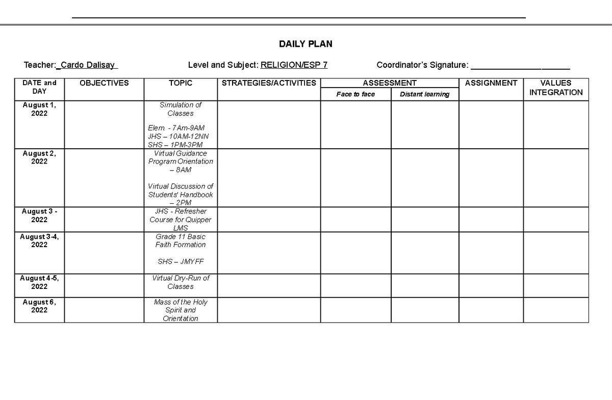 Lesson plan template 2022 2023 - DAILY PLAN Teacher:_Cardo Dalisay ...
