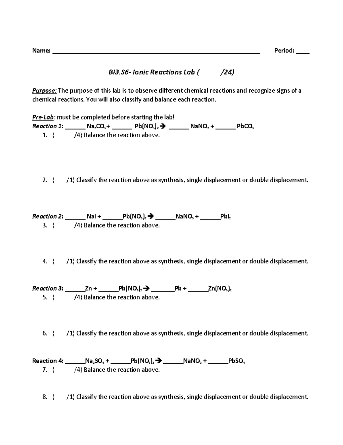 BI3. S6 Ionic Reactions Lab 21 - Name: - Studocu