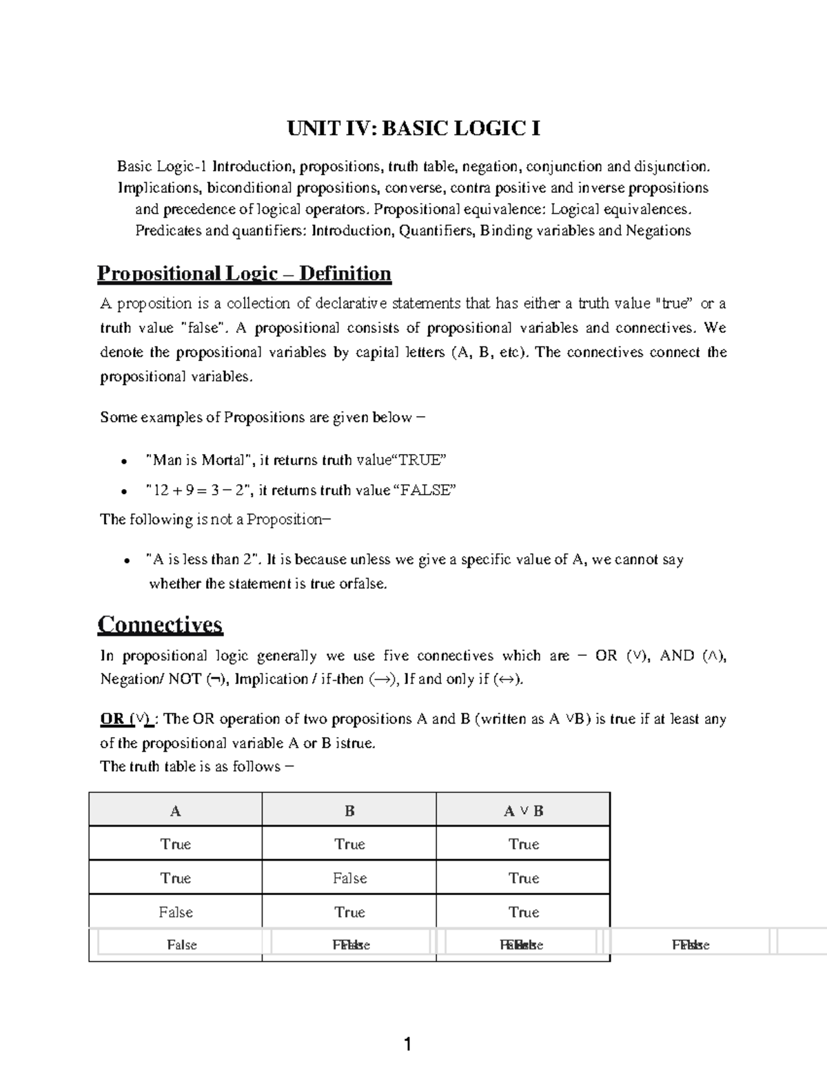Basic Logic I Notes - UNIT IV: BASIC LOGIC I Basic Logic-1 Introduction ...