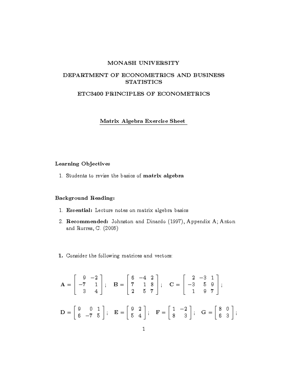 Matrix Basics Exercise Monash University Department Of Econometrics And Business Statistics 