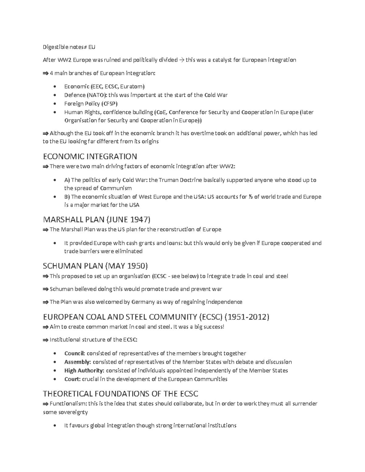 EU Law notes - Digestible notesb EU After WW2 Europe was ruined and ...