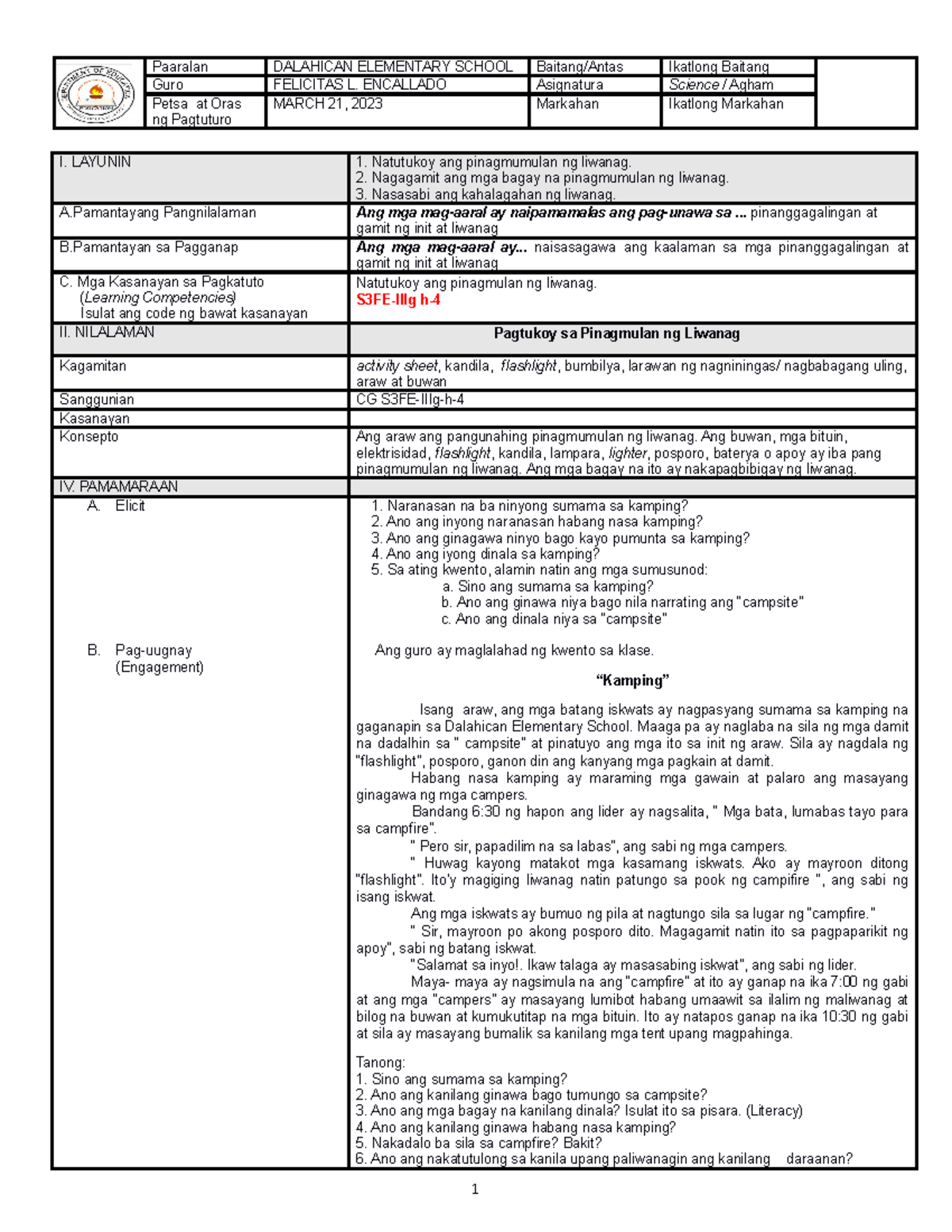 Lesson Plan Science - Paaralan DALAHICAN ELEMENTARY SCHOOL Baitang ...