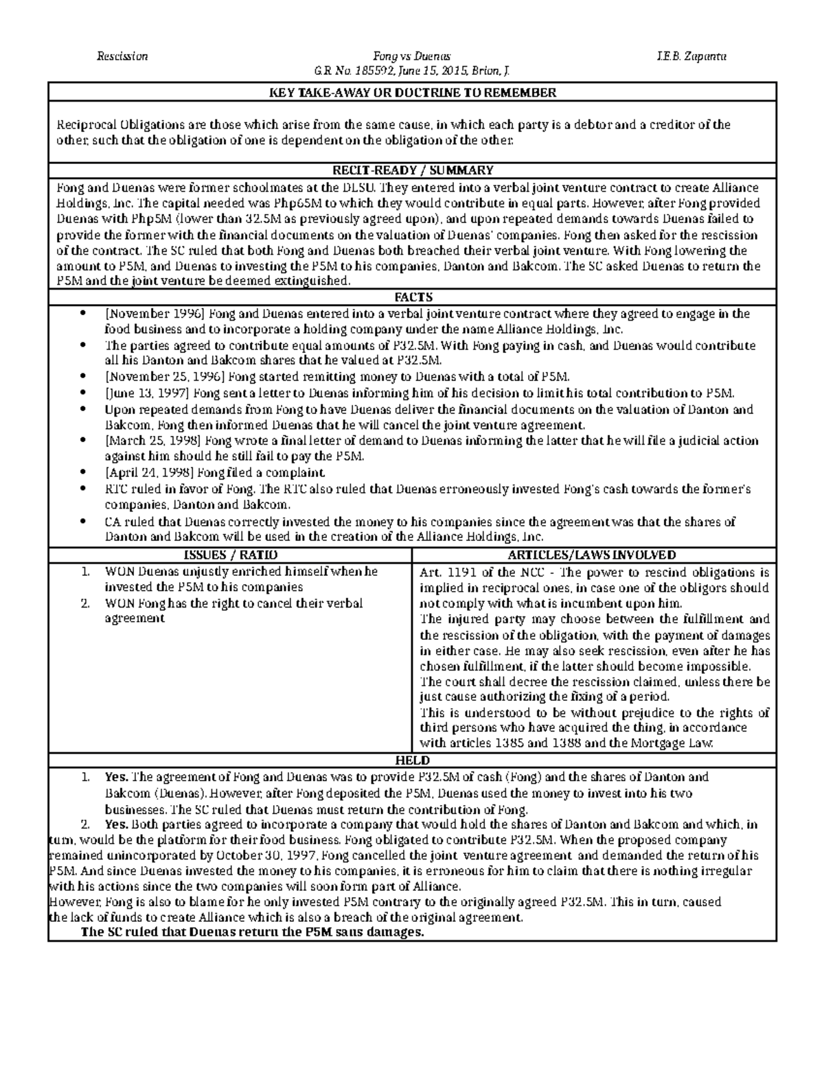 Sample Digest Fromat - Rescission Fong vs Duenas I. Zapanta G. No ...