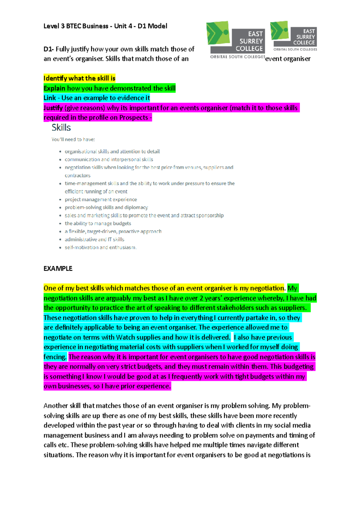 D1 Example - rgrerr - Level 3 BTEC Business - Unit 4 - D1 Model D1 ...