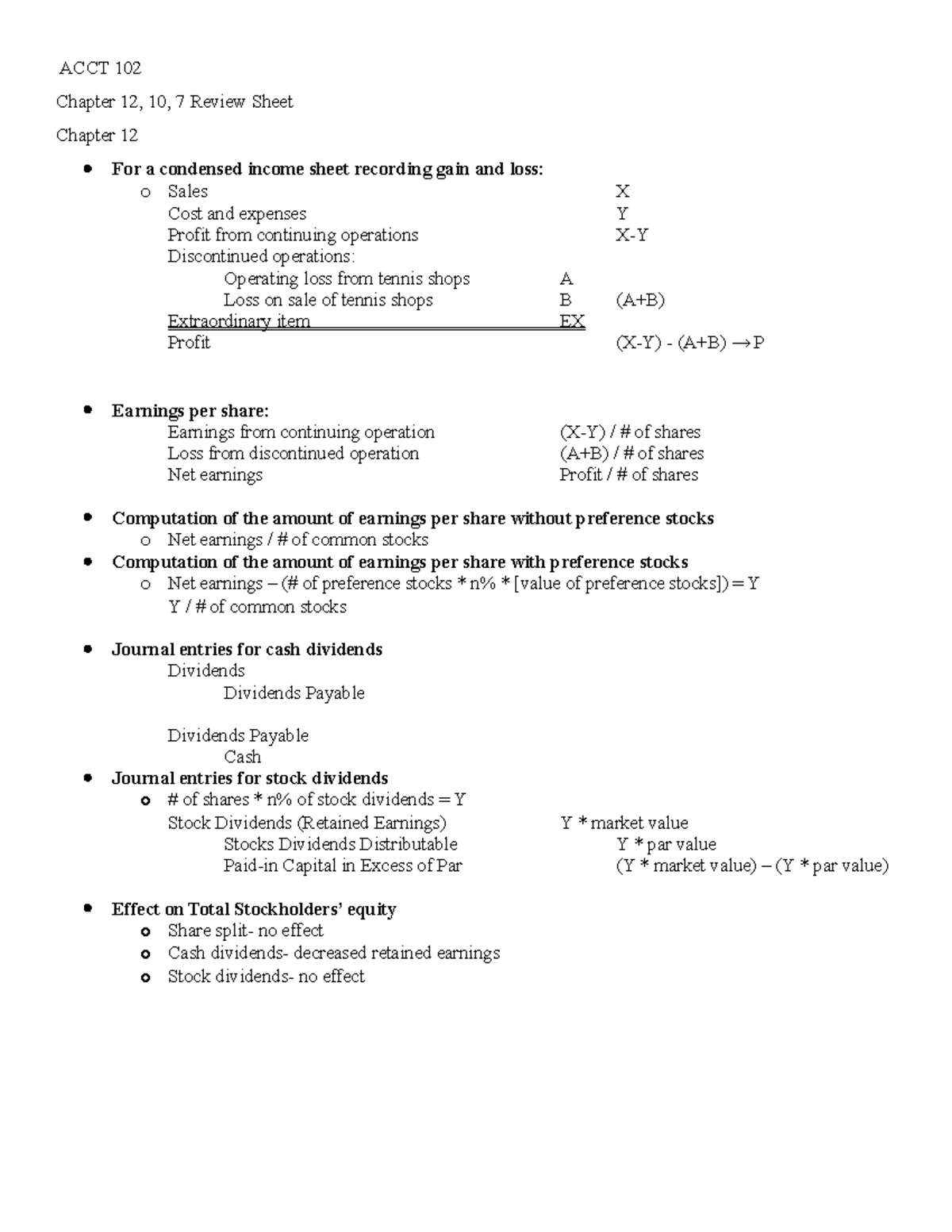 ACCT 102 review sheet - ACCT 102 Chapter 12, 10, 7 Review Sheet Chapter ...