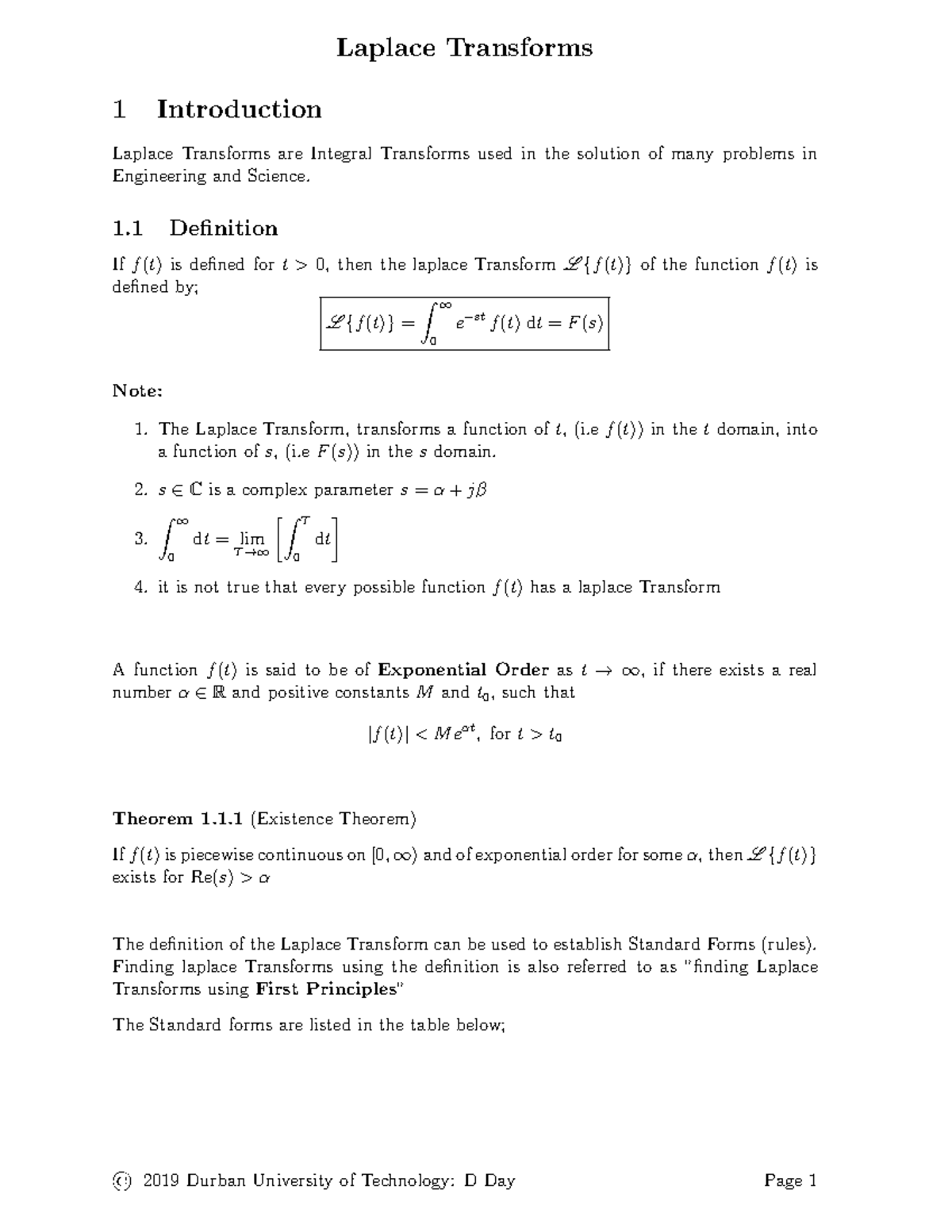 Laplace Transforms - MATHS - Laplace Transforms 1 Introduction Laplace Transforms are Integral ...