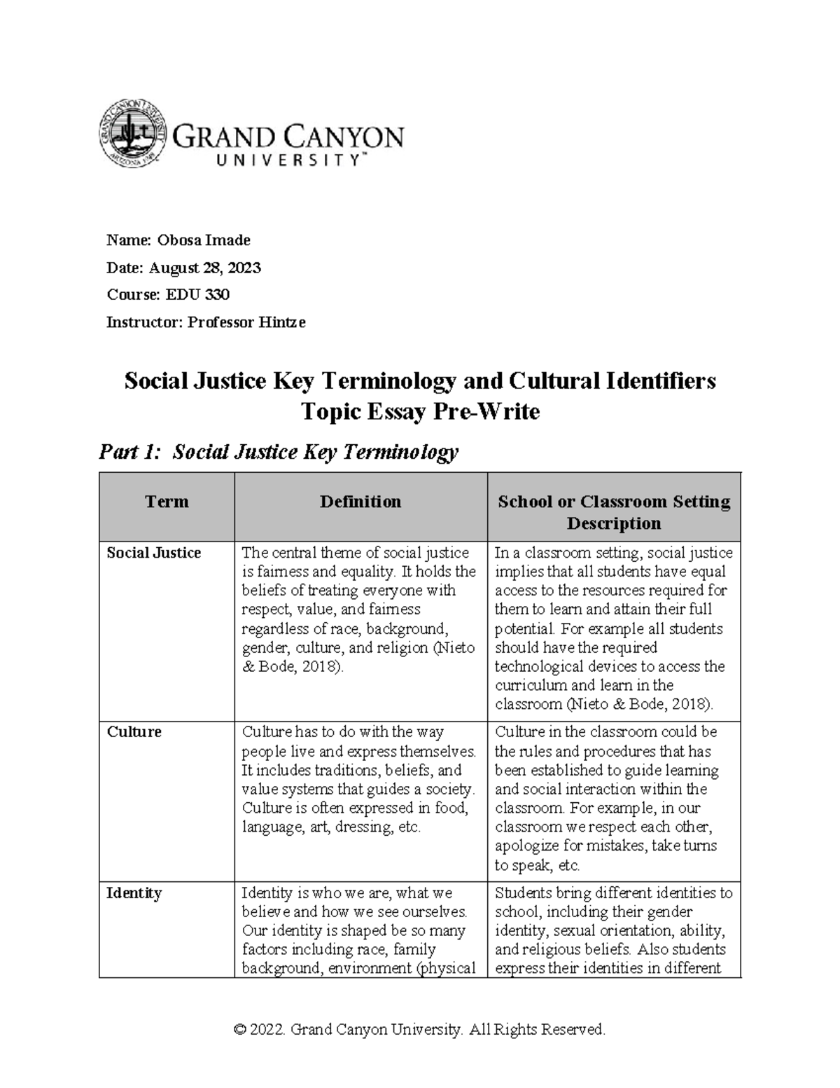 EDU 330 T1 Social Justice Terminologyand Cultural Identifiers Topic ...