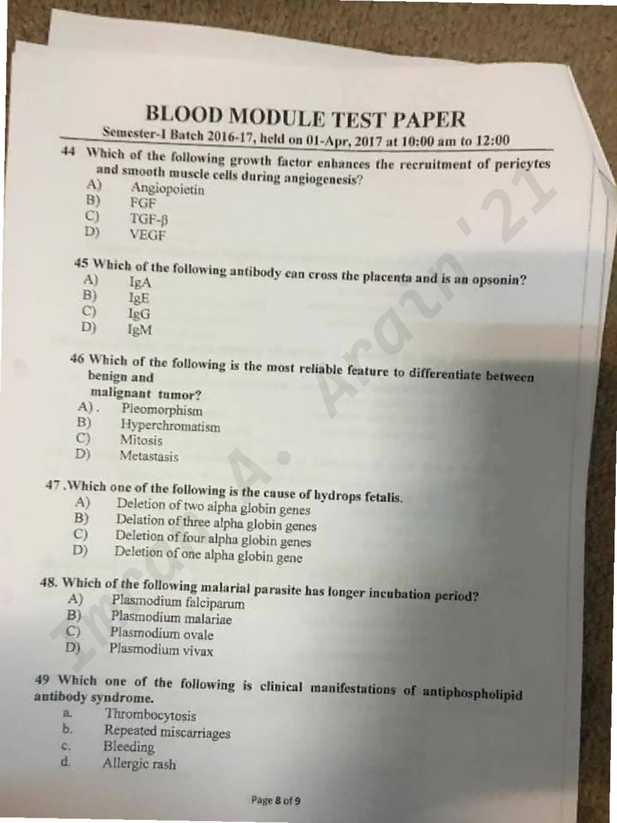 Blood module paper batch 22 - Blood Module Past Papers - Studocu
