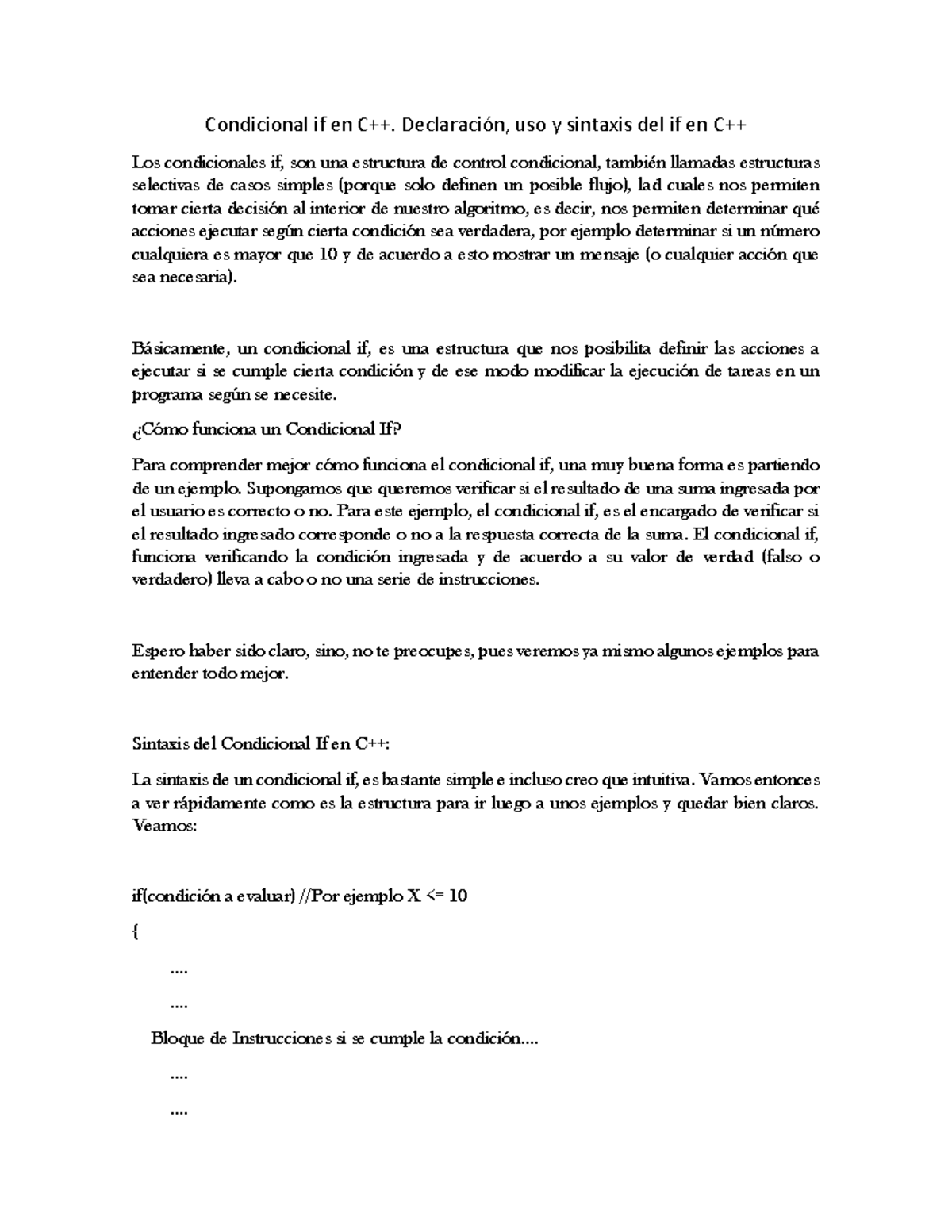 Significado de if en C++ - Condicional if en C++. DeclaraciÛn, uso y ...
