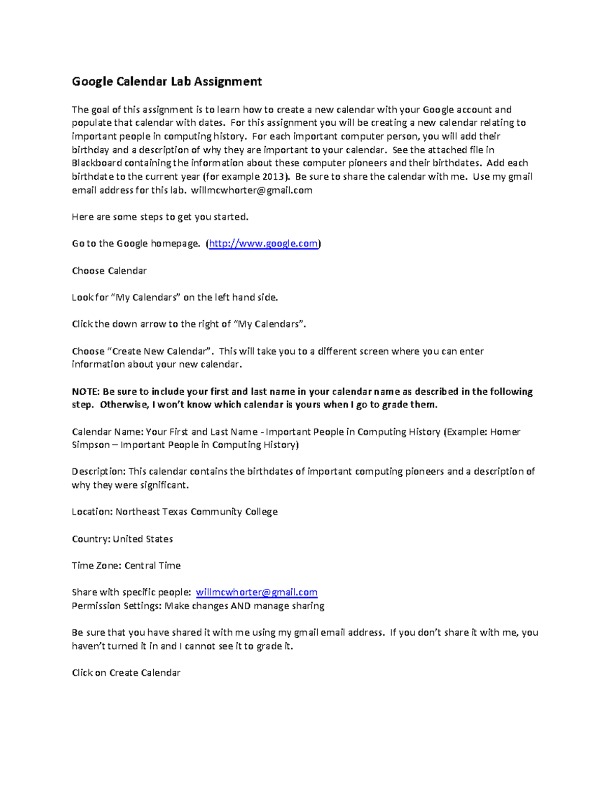 Google Calendar Lab Assignment 2 - For this assignment you will be ...