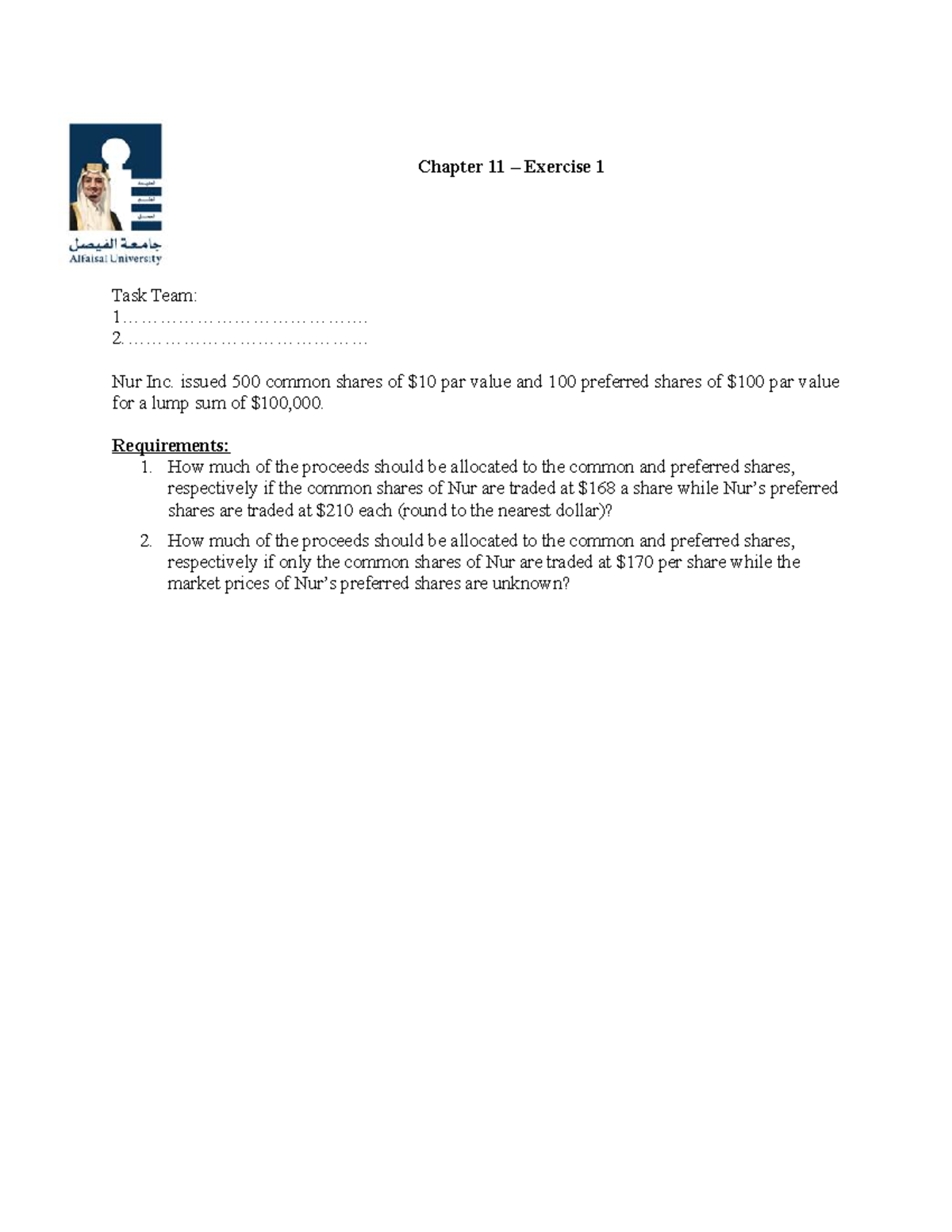 Chapter 11 Drill 1 - Chapter 11 – Exercise 1 Task Team: 1 ...