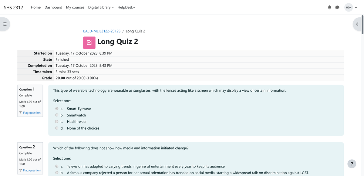 MEIL Long Quiz 2 Attempt review - Question 1 Complete Mark 1 out of 1 ...