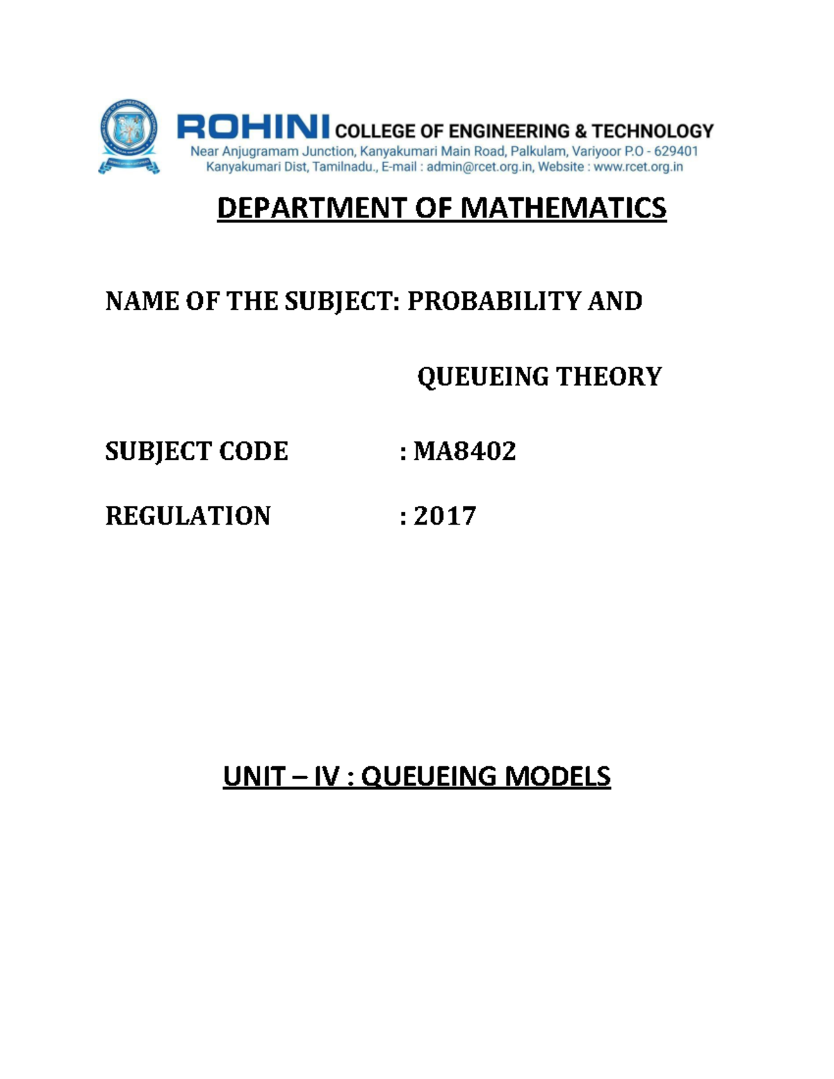Unit - 4- Queueing Models - DEPARTMENT OF MATHEMATICS NAME OF THE SUBJECT: PROBABILITY AND ...