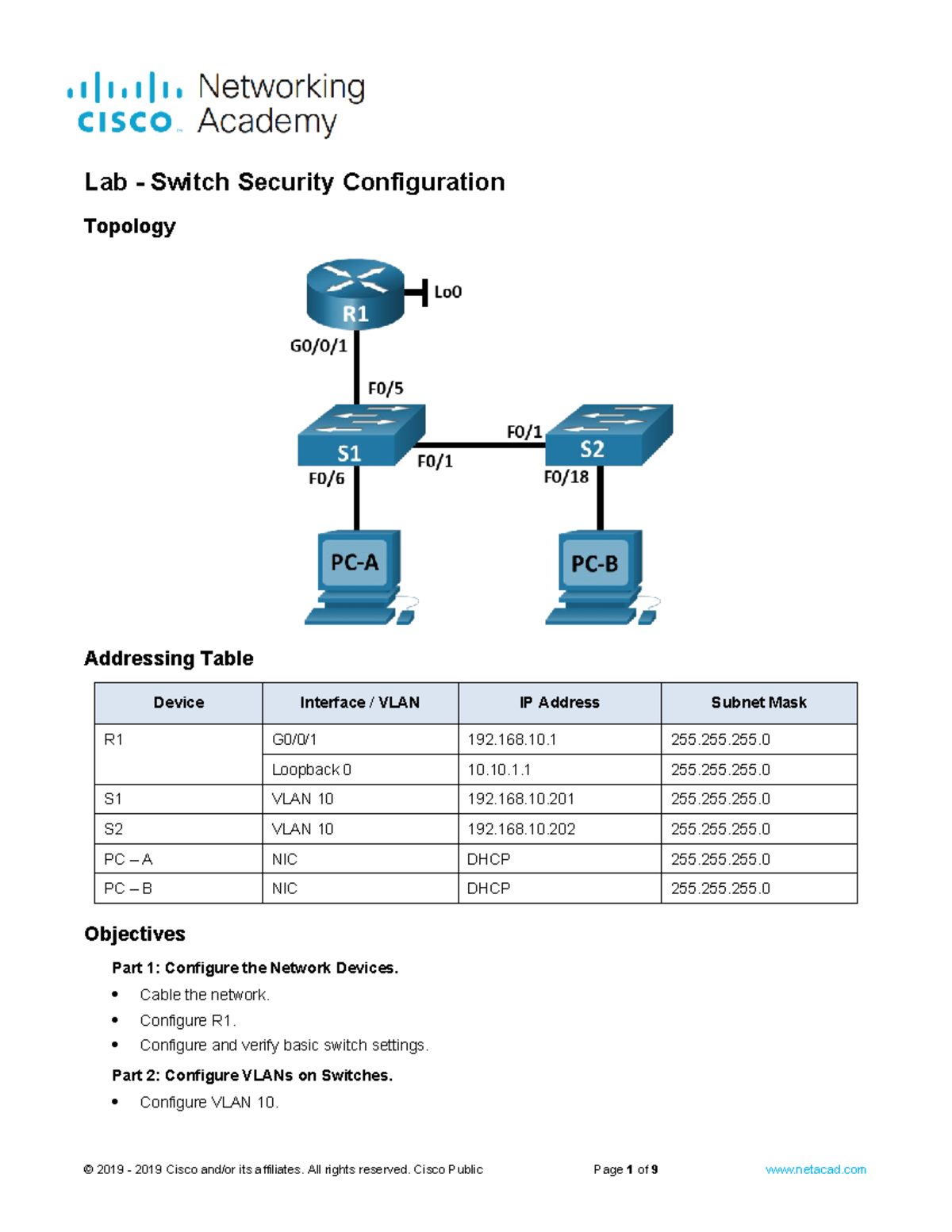 1. Switch Security Configuration - Topology Addressing Table Device Interface / VLAN IP Address ...